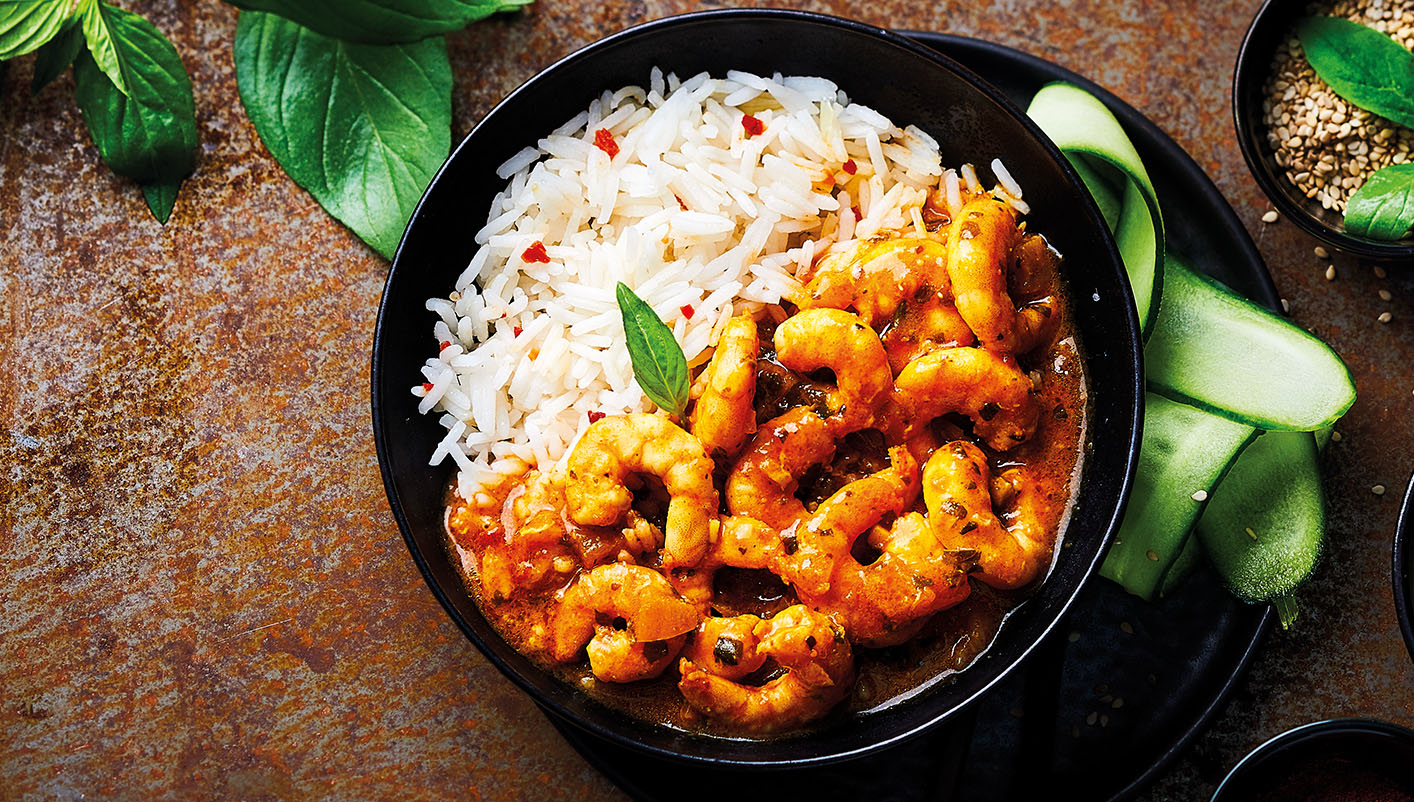 Crevettes sauce curry rouge et riz basmati surgelé, gamme Plats ...